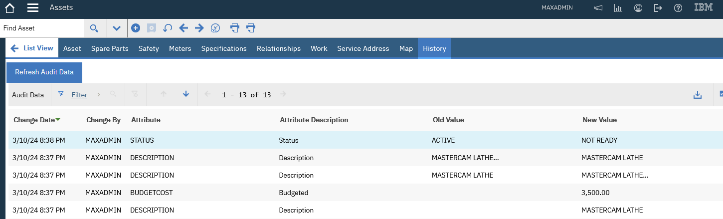 MaximoDev - Improved record change tracking using Audit feature